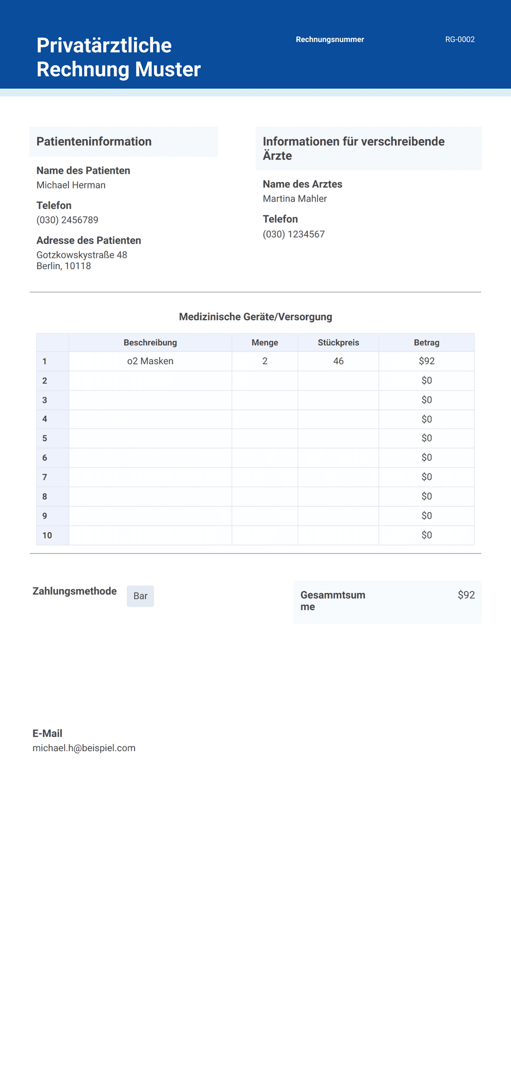 Privatärztliche Rechnung Muster - PDF-Vorlagen | Jotform
