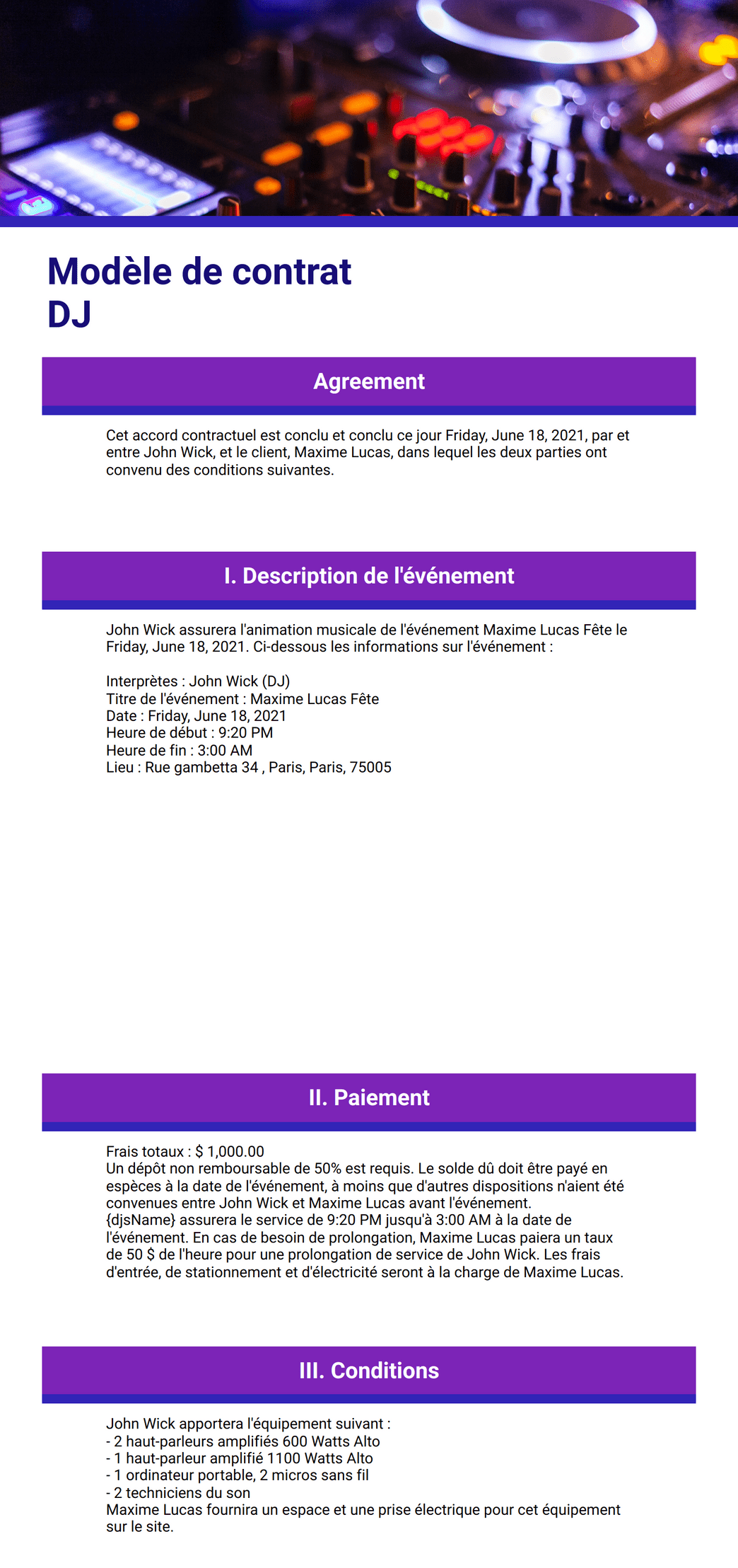 Modèle de contrat DJ - Modèles de PDF | Jotform