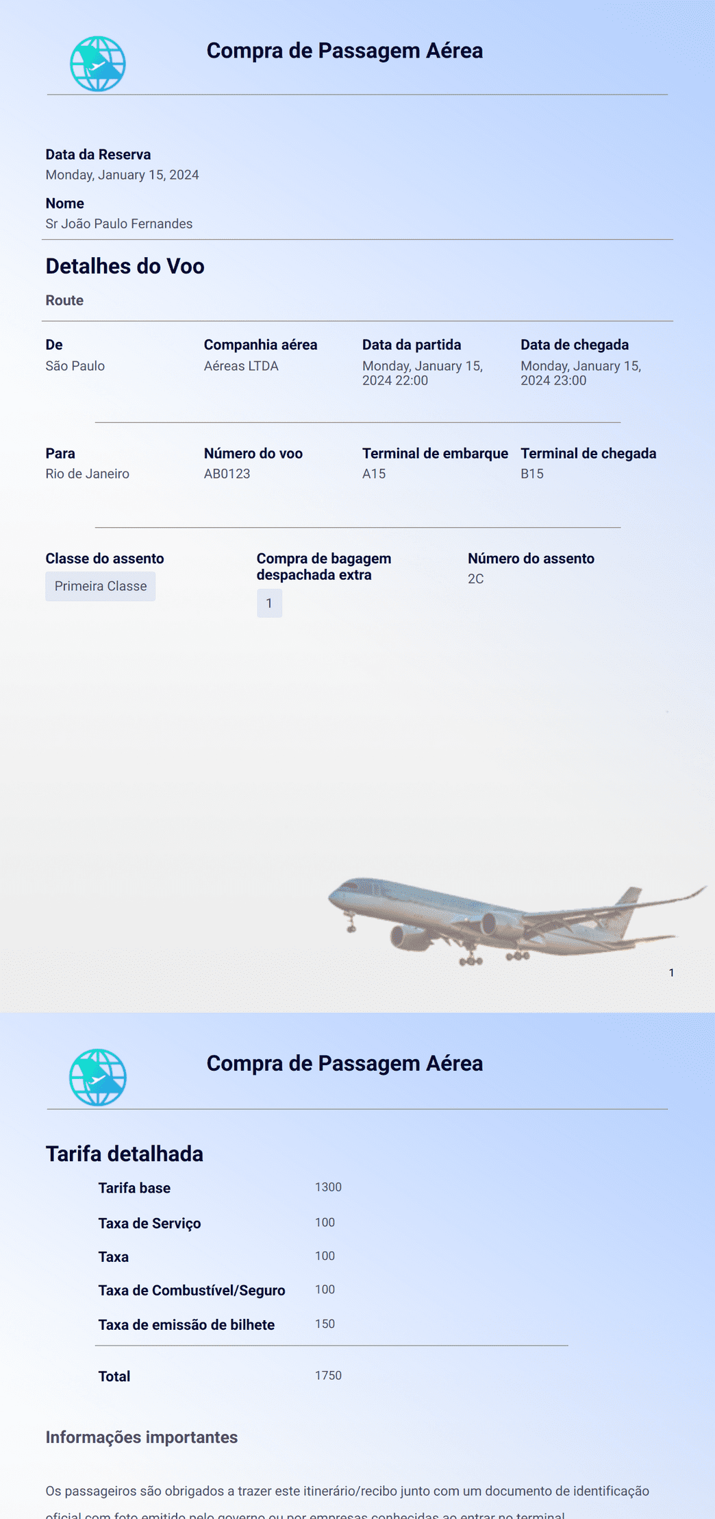 Modelo de Reserva de Passagens Aéreas - Modelos para PDFs | Jotform