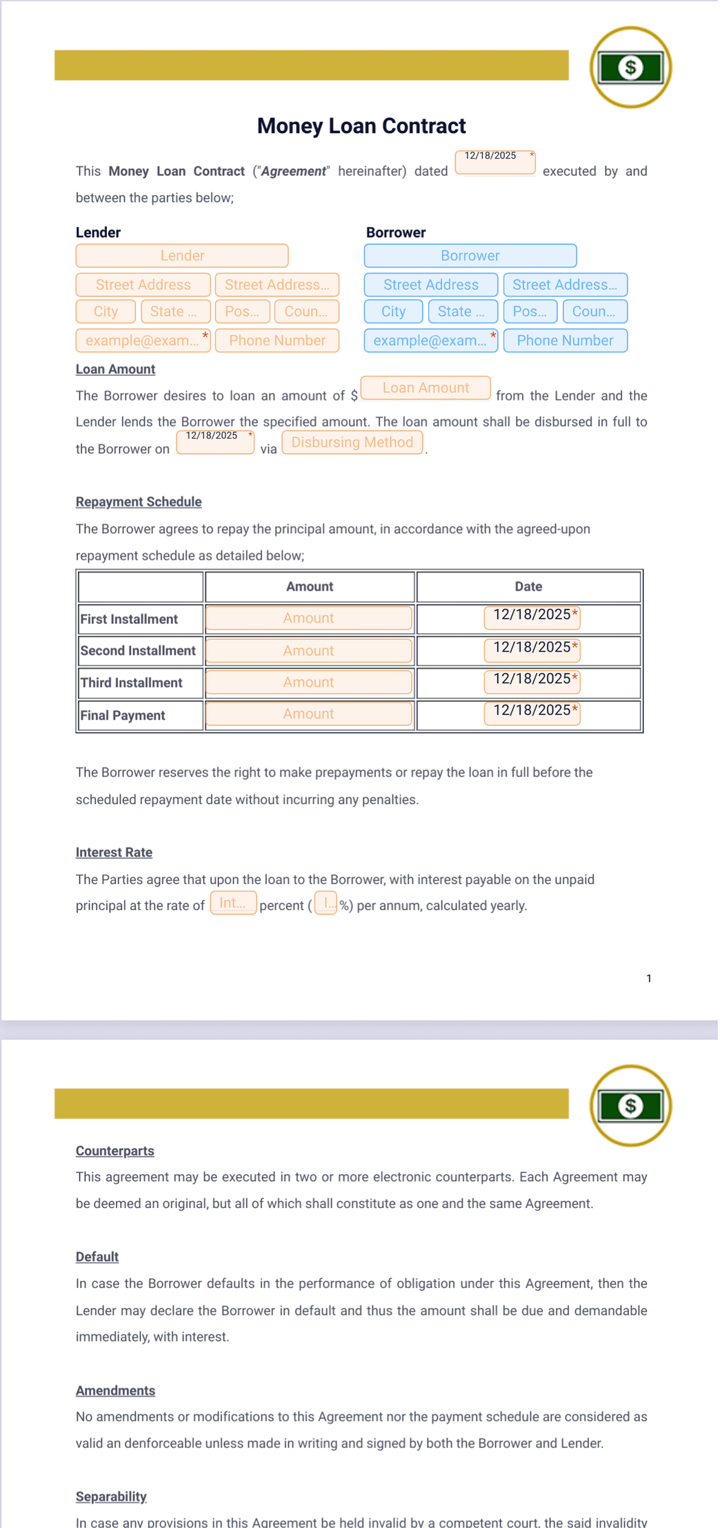 Money Loan Contract - PDF Templates | Jotform