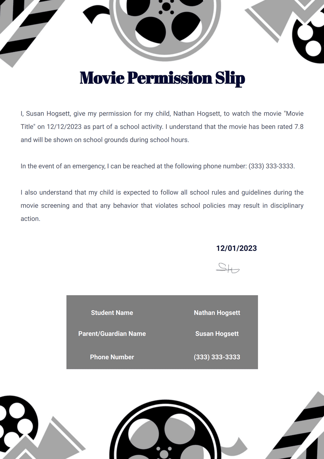 Movie Permission Slip Template - PDF Templates | Jotform