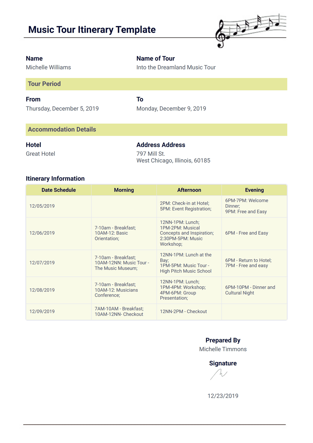 Music Tour Itinerary Template - PDF Templates | Jotform