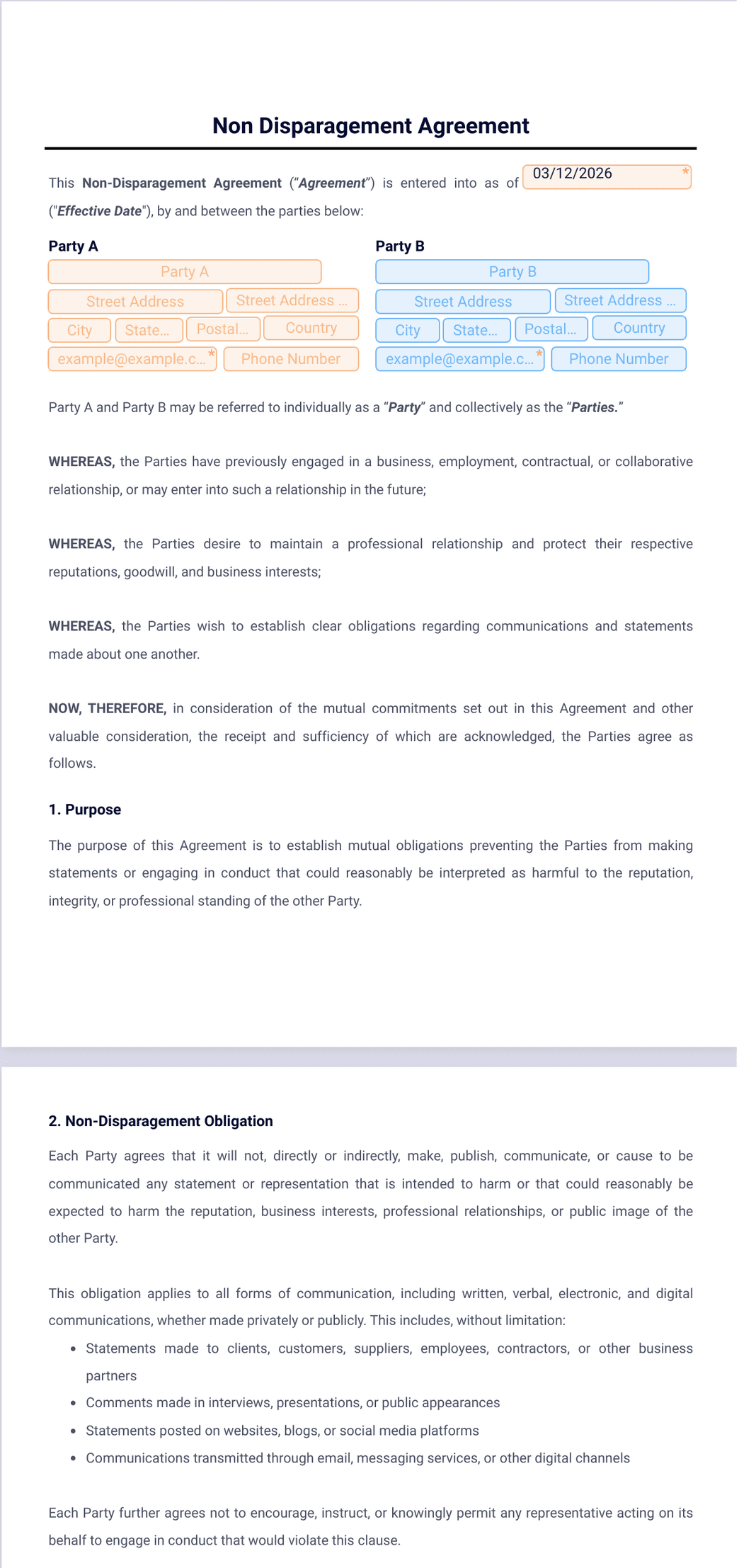 Non Disparagement Agreement Template - PDF Templates | Jotform