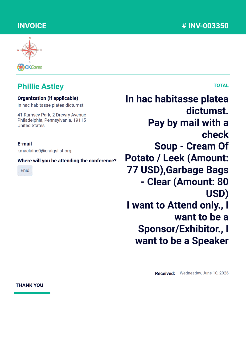 OKCares Conference Invoice PDF Template | Jotform