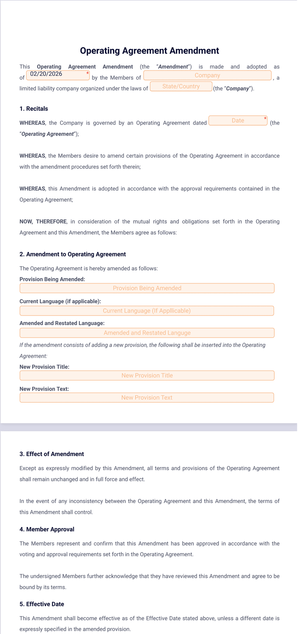 Operating Agreement Amendment Template - PDF Templates | Jotform