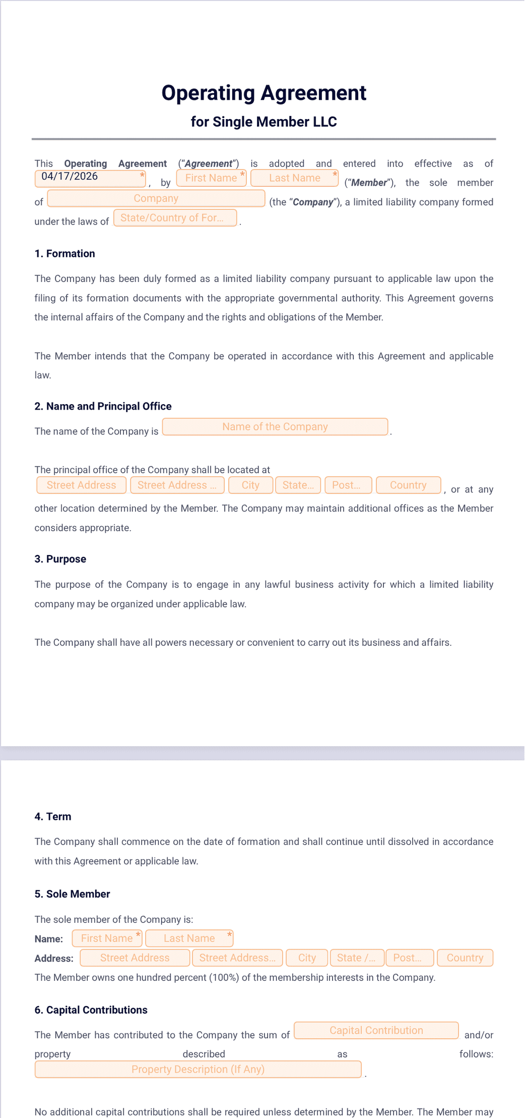 Operating Agreement Template for Single Member LLC - PDF Templates ...