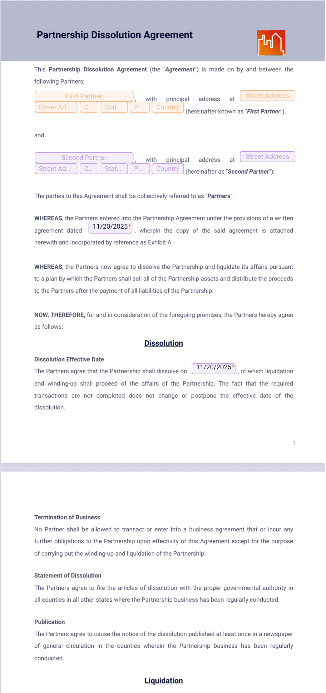 Partnership Dissolution Agreement PDF Template | Jotform