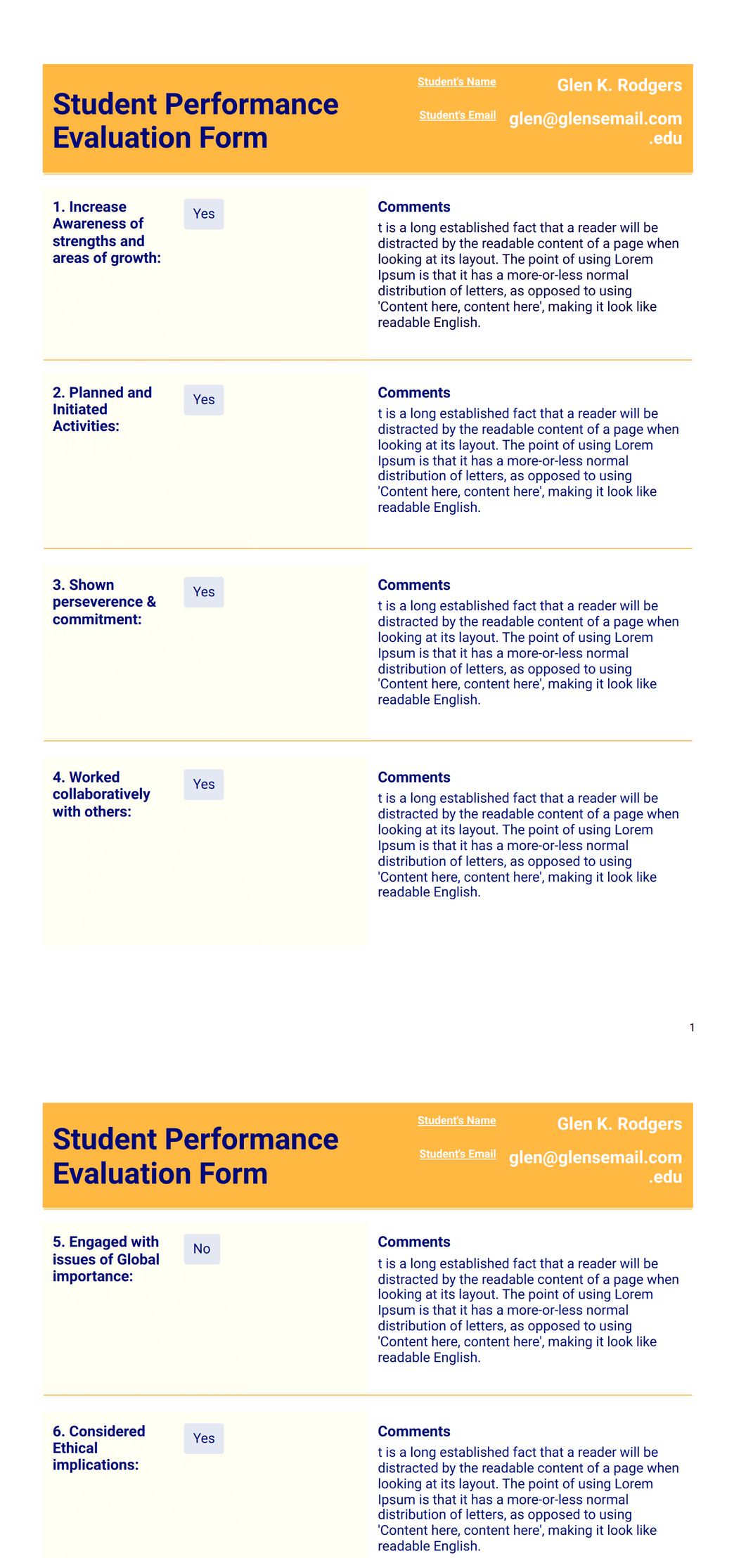 Performance Evaluation for Students Template - PDF Templates | Jotform