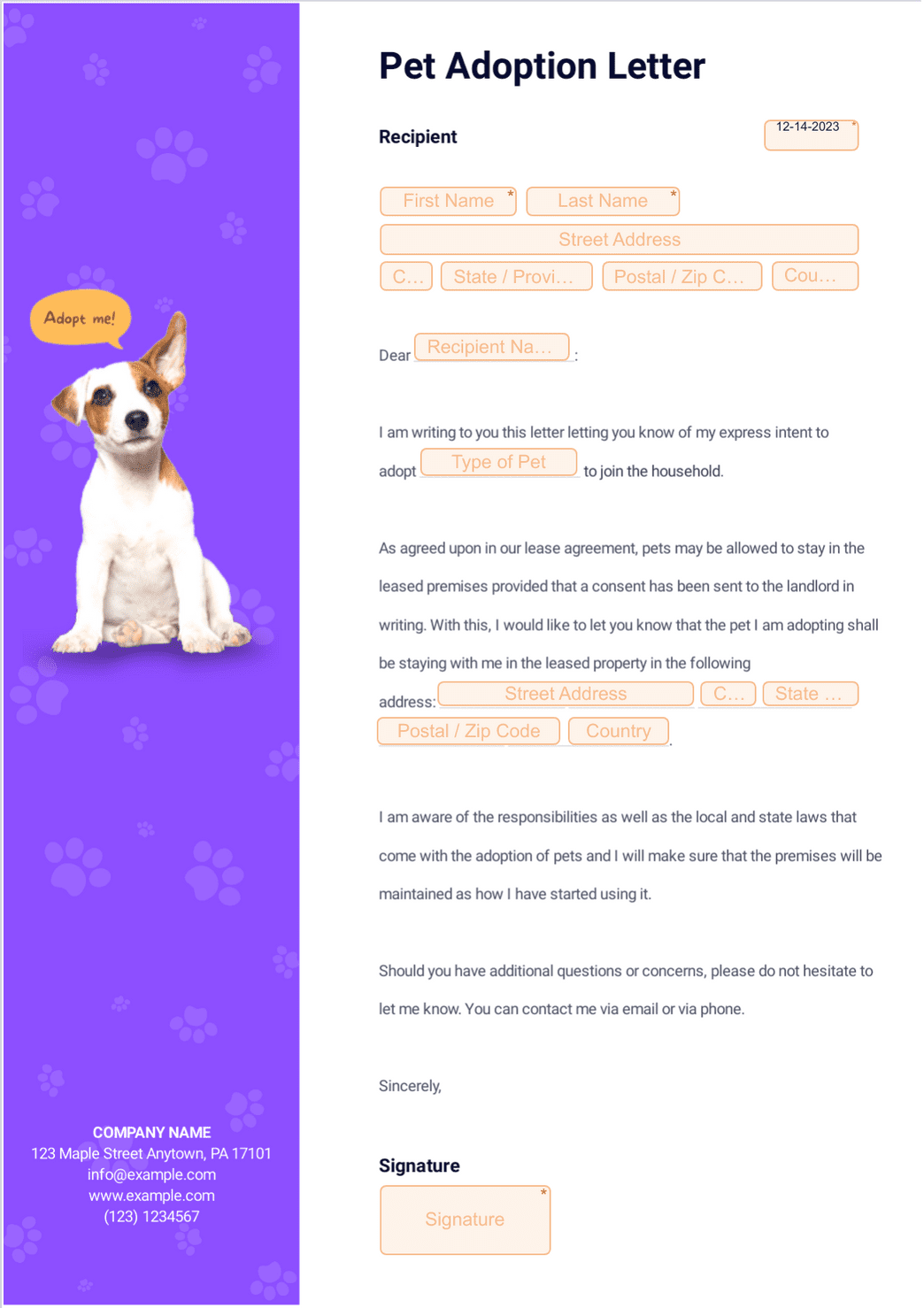 Pet Adoption Letter Template - PDF Templates | Jotform