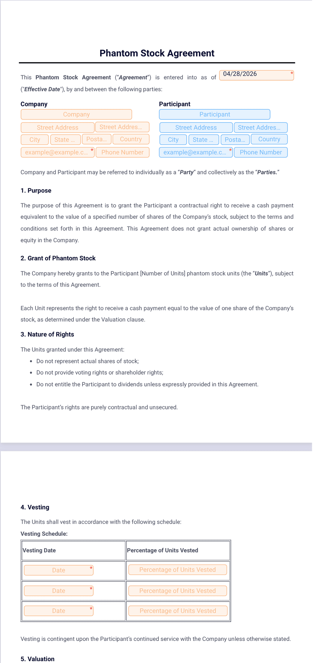Phantom Stock Agreement Template - PDF Templates | Jotform