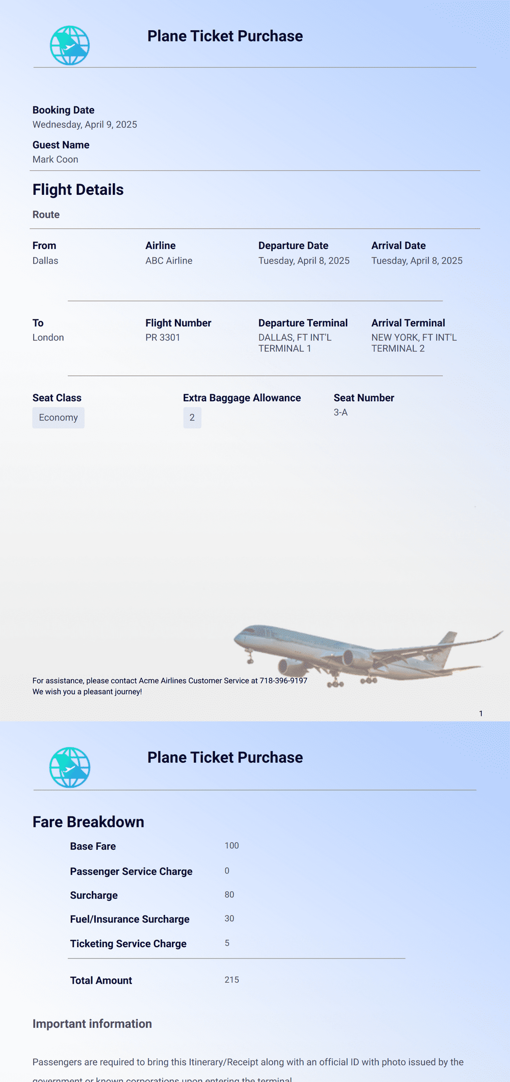 Plane Ticket Template - PDF Templates | Jotform