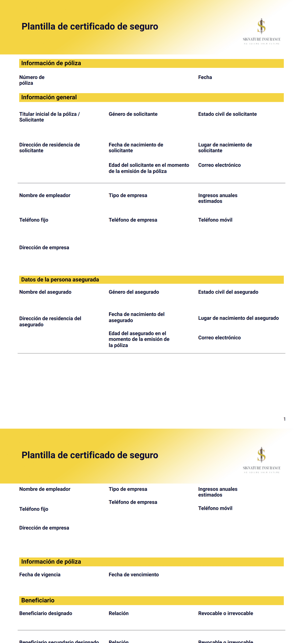 Plantilla de certificado de seguro - Plantillas PDF | Jotform