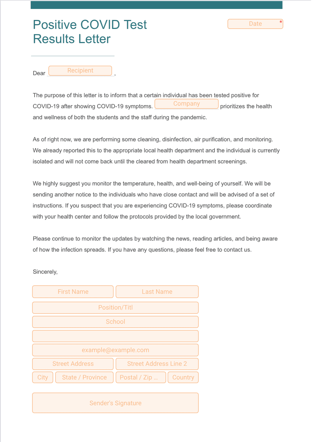 Positive COVID Test Results Letter PDF Template | Jotform