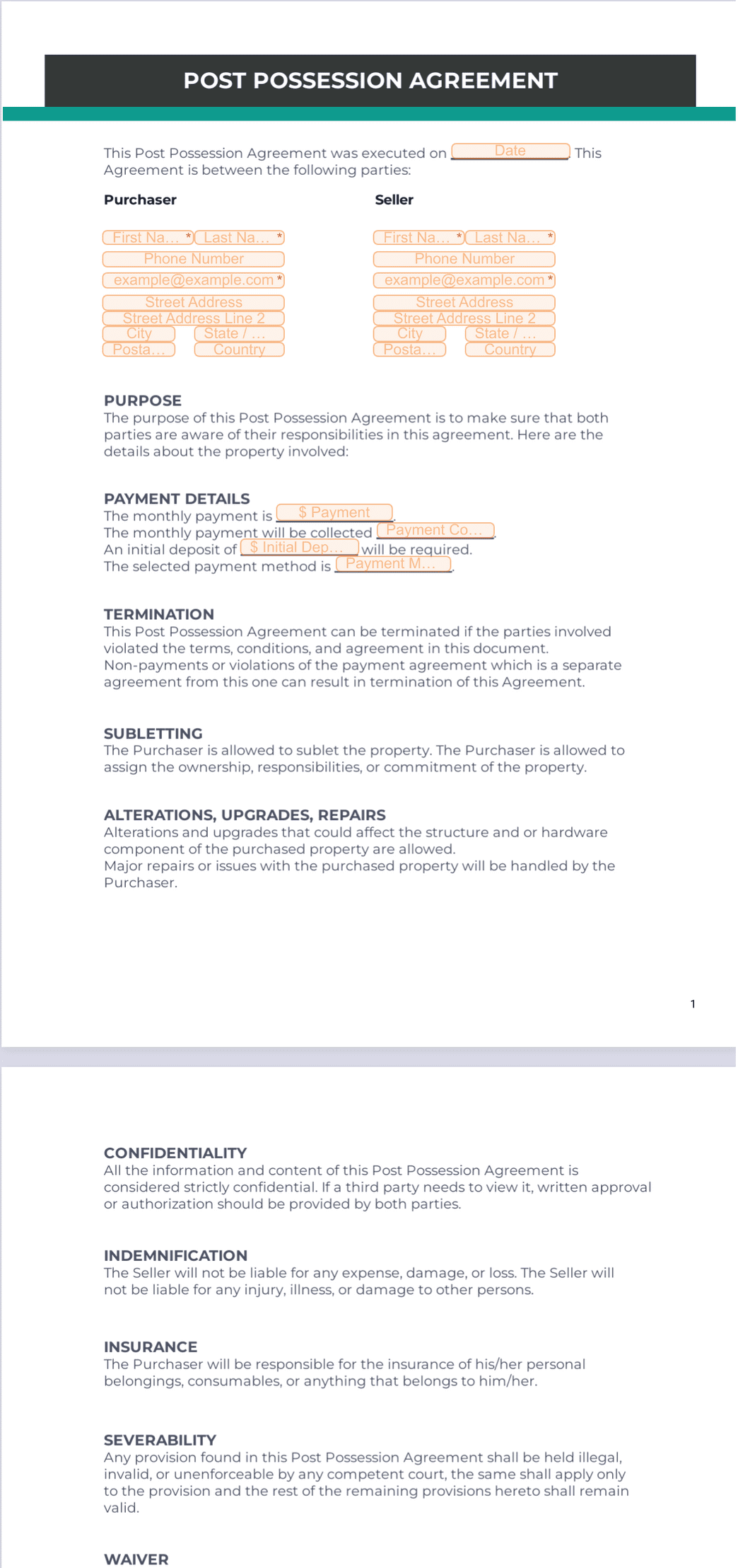 Post Possession Agreement PDF Template | Jotform