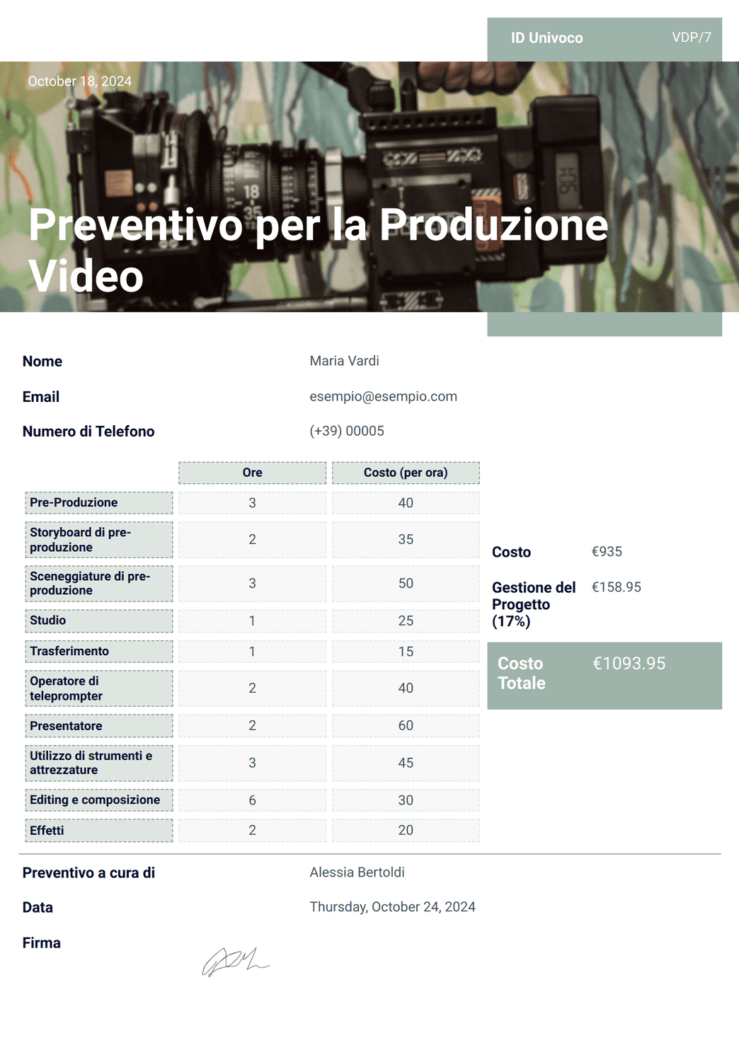 Preventivo per la Produzione Video - Modelli di PDF | Jotform