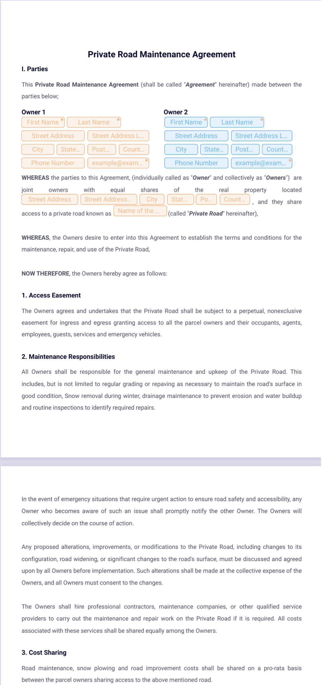 Private Road Maintenance Agreement PDF Template | Jotform