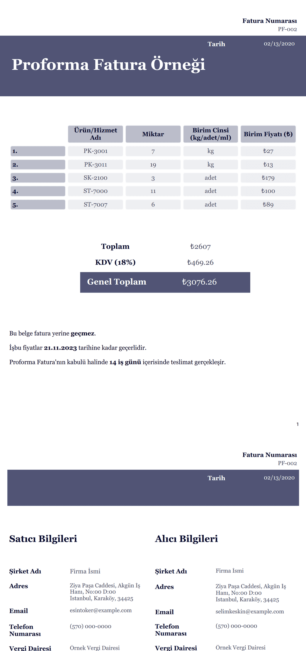 Proforma Fatura Örneği - PDF Şablonları | Jotform