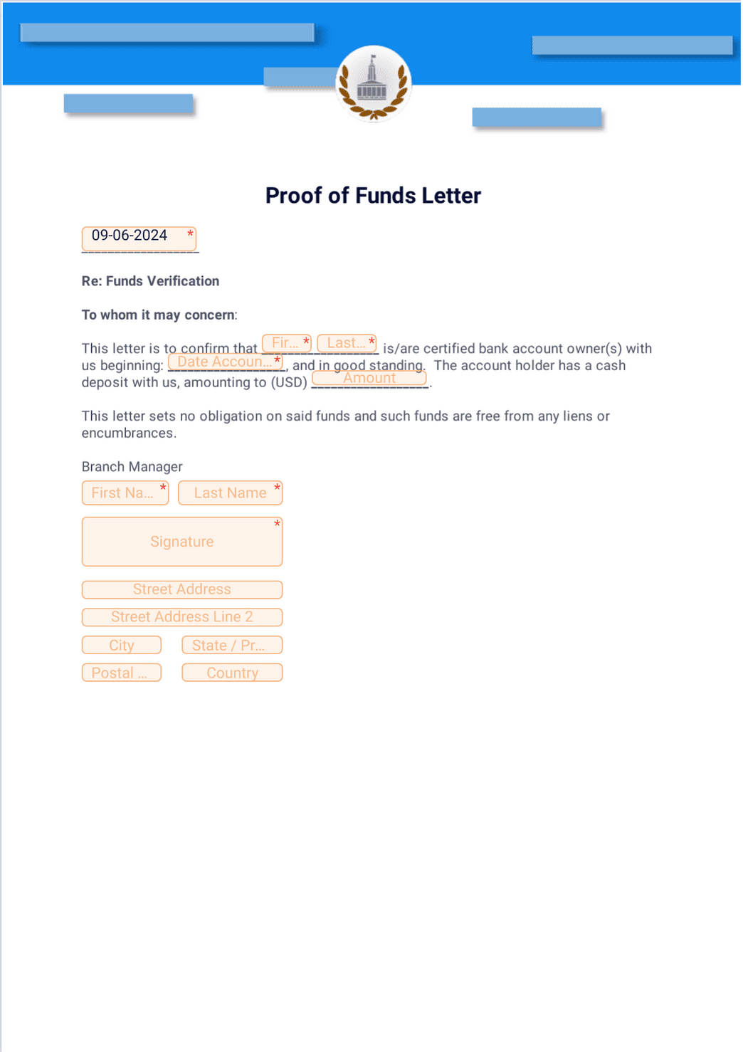 Proof of Funds Letter - PDF Templates | Jotform