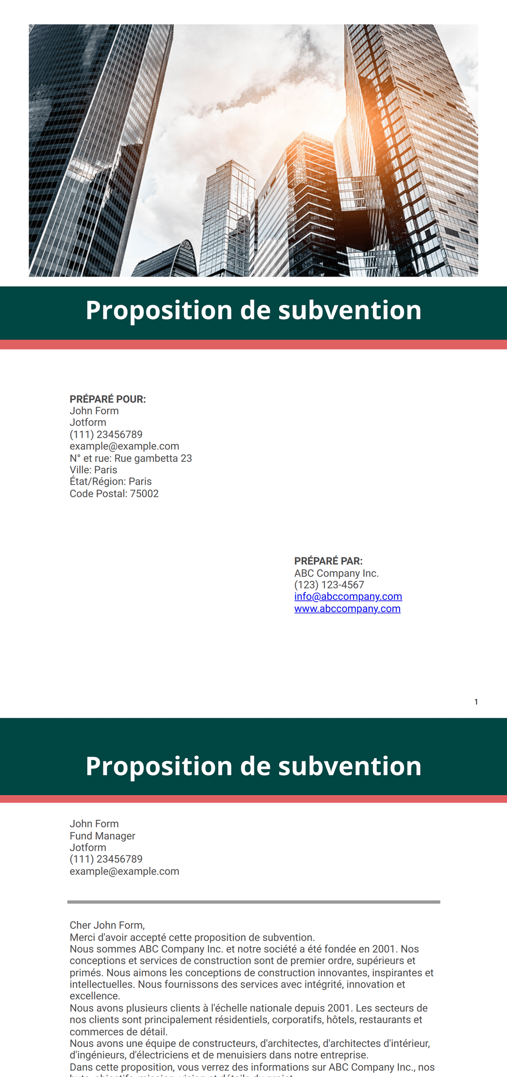 Proposition de subvention Modèle PDF | Jotform