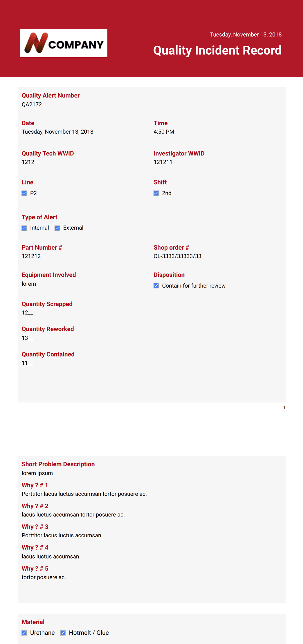 Quality Incident Record - PDF Templates | Jotform