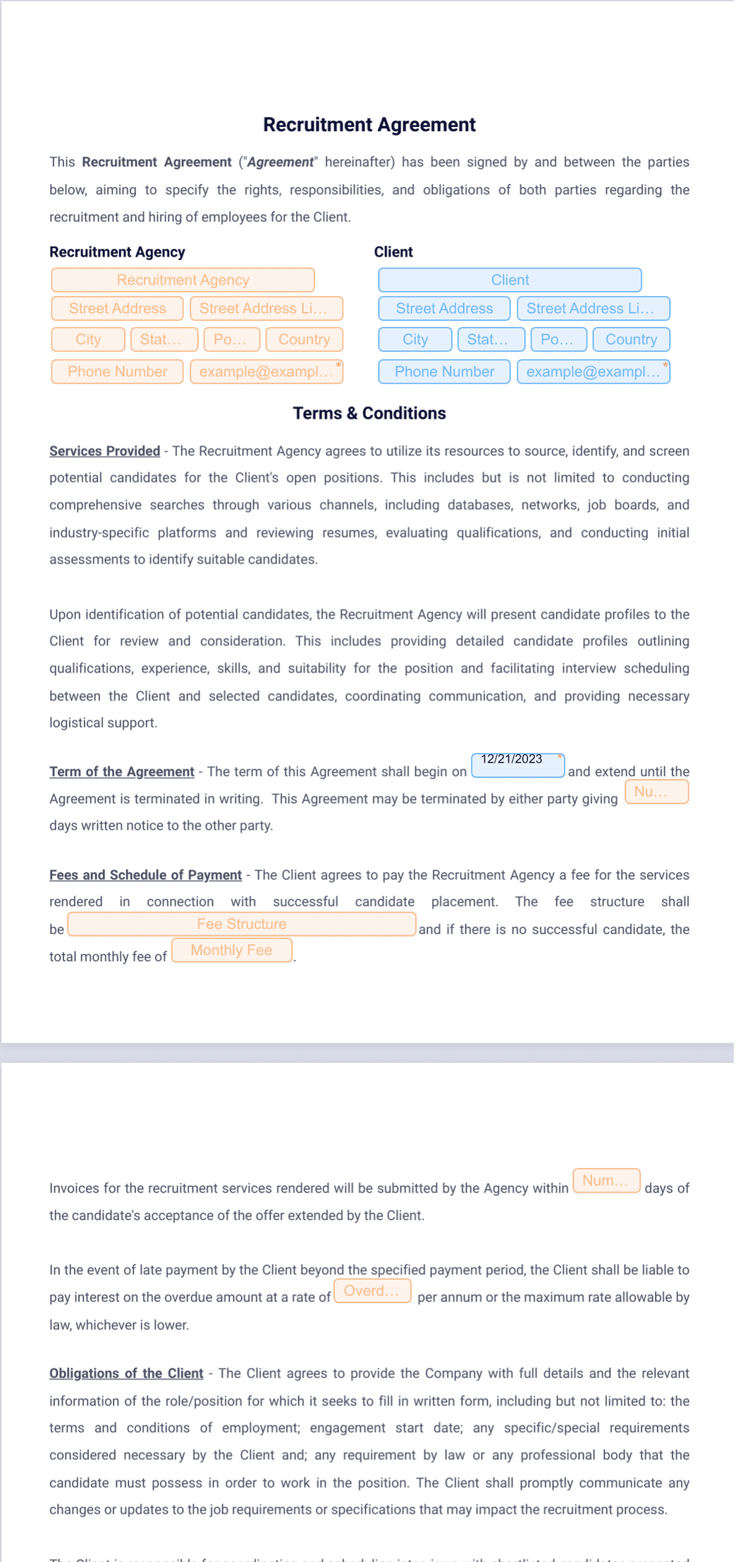 Recruitment Agreement PDF Template | Jotform