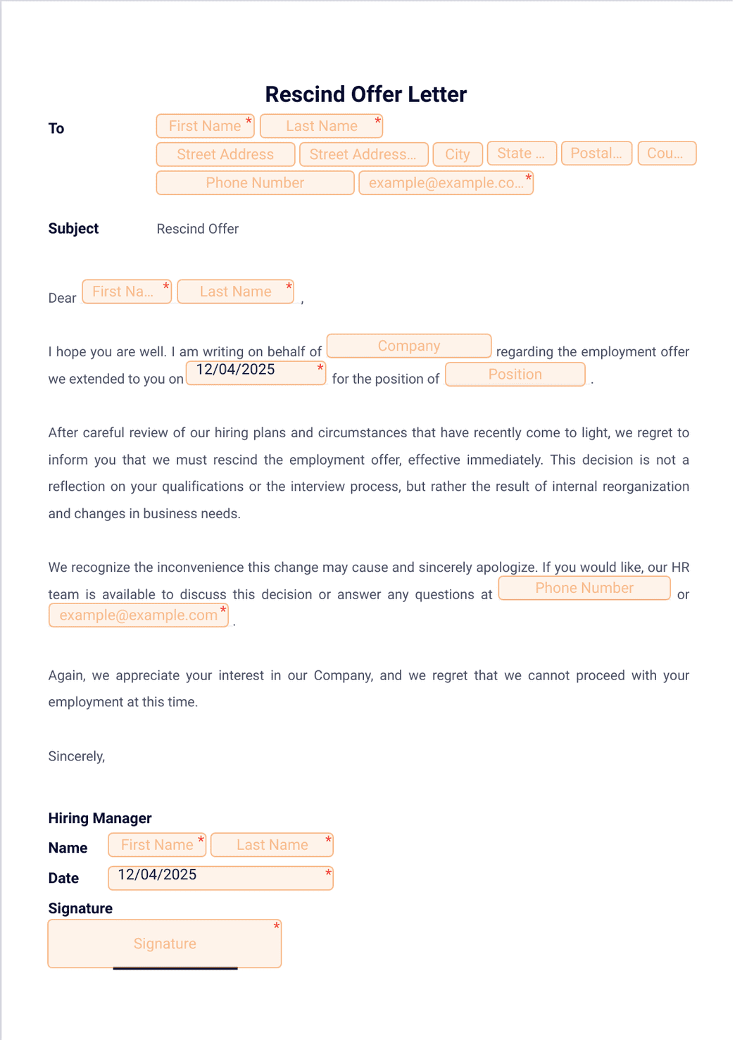 Rescind Offer Letter Template - PDF Templates | Jotform