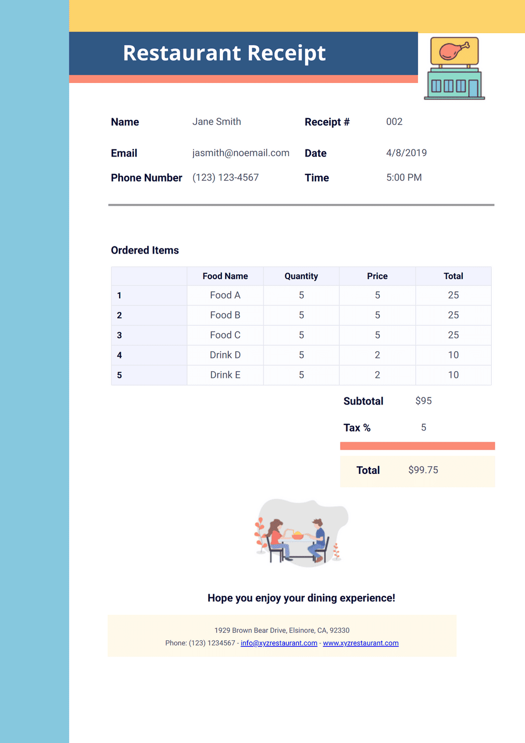 Restaurant Receipt Template - PDF Templates | Jotform