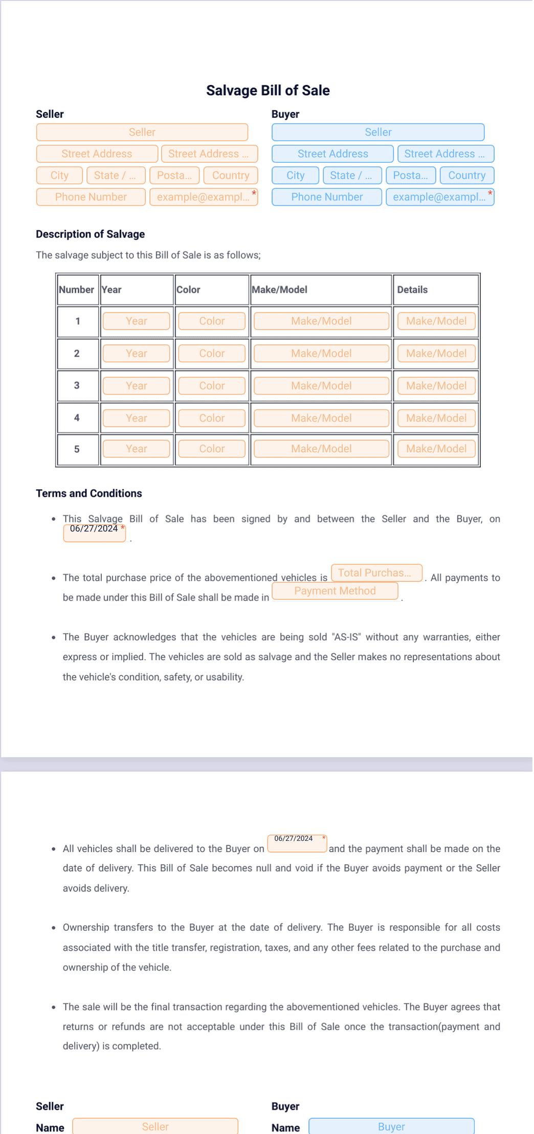 Salvage Bill of Sale PDF Template | Jotform