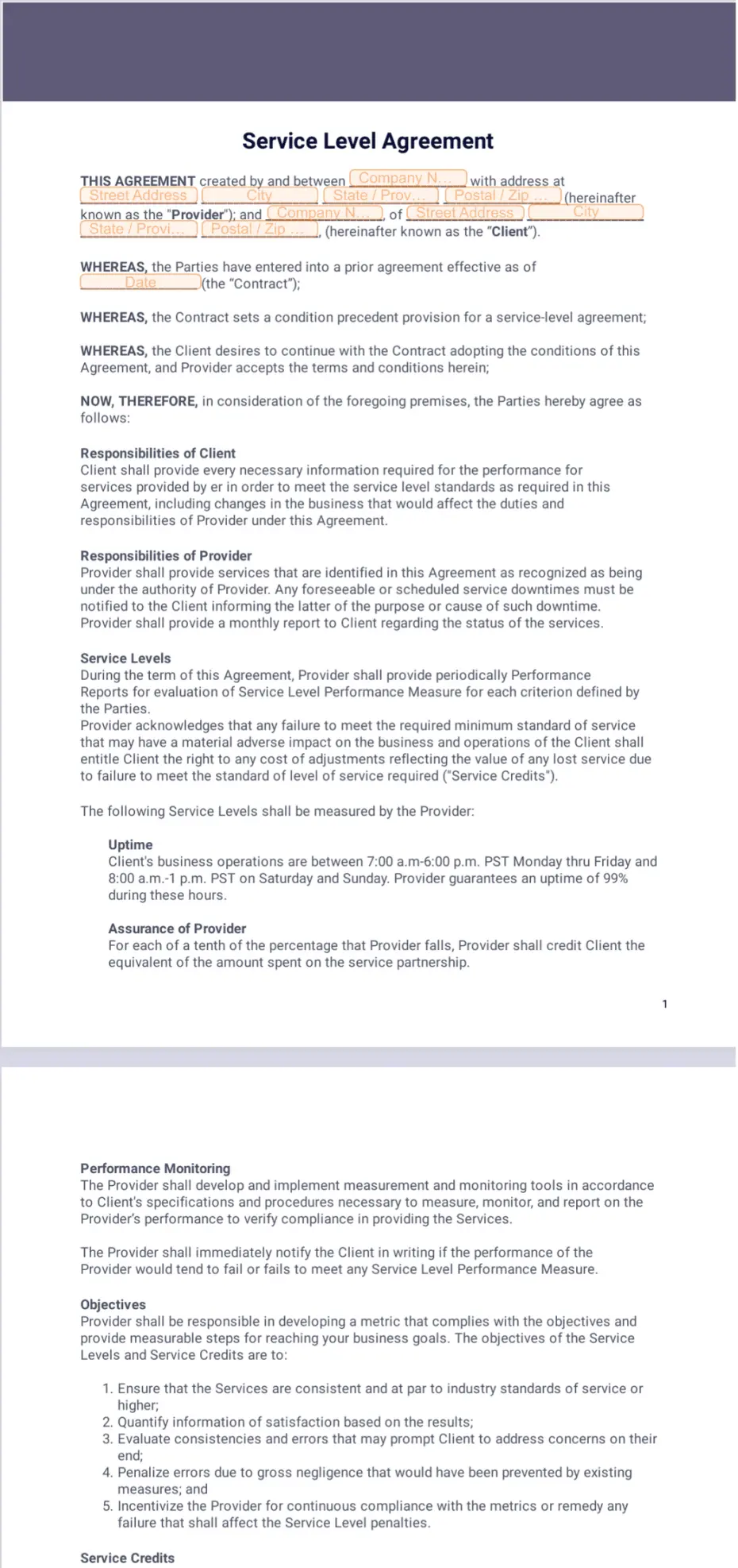 Service Level Agreement Template - Sign Templates | Jotform