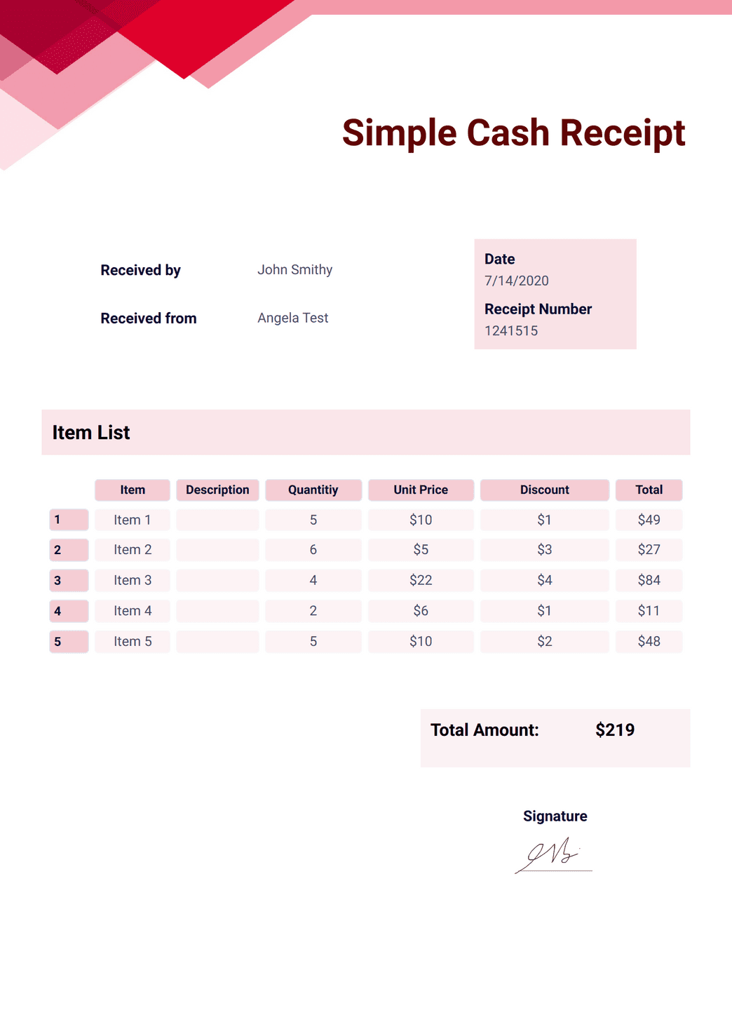 Simple Cash Receipt Template - PDF Templates | Jotform