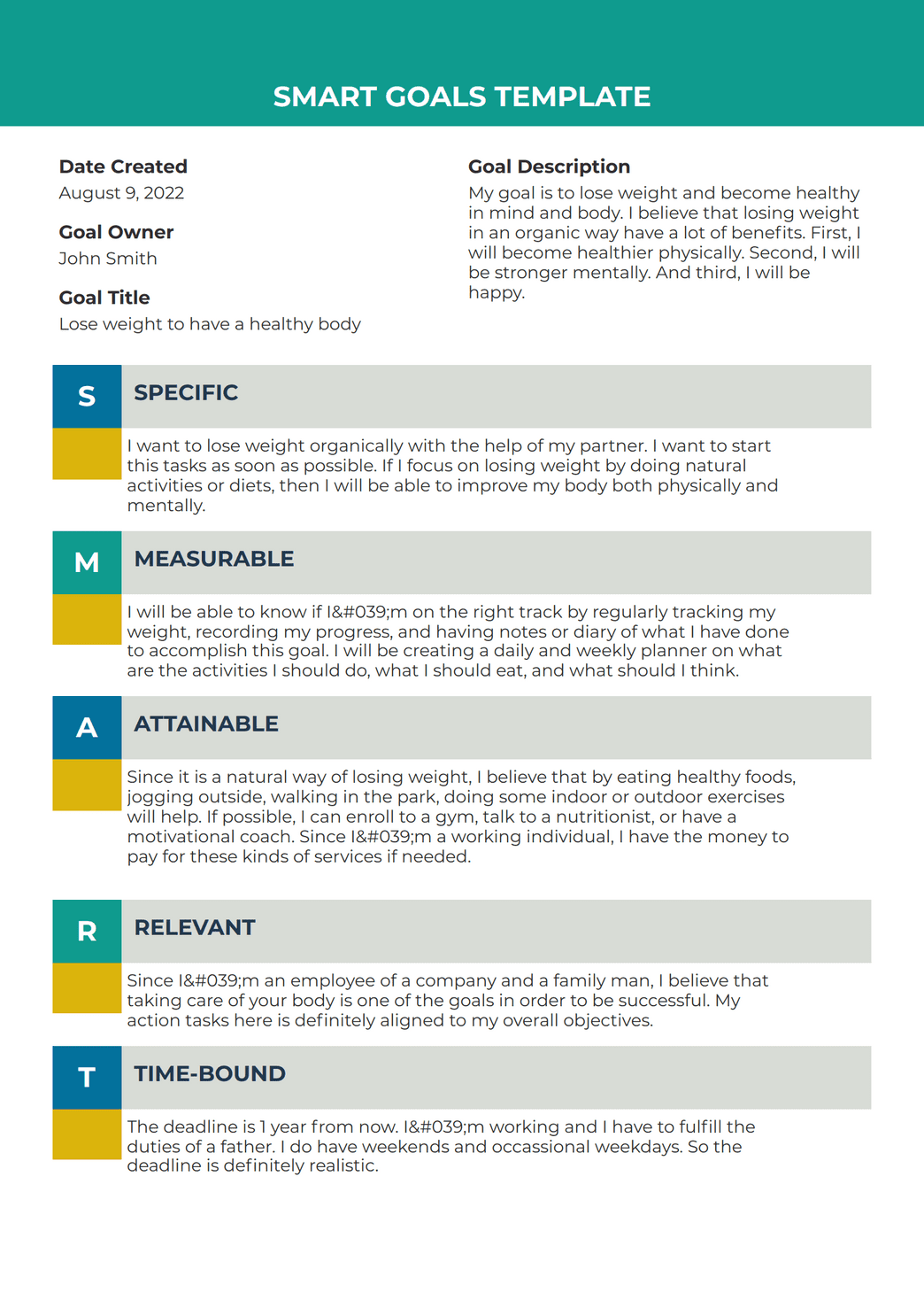 Smart Goals Template - PDF Templates | Jotform
