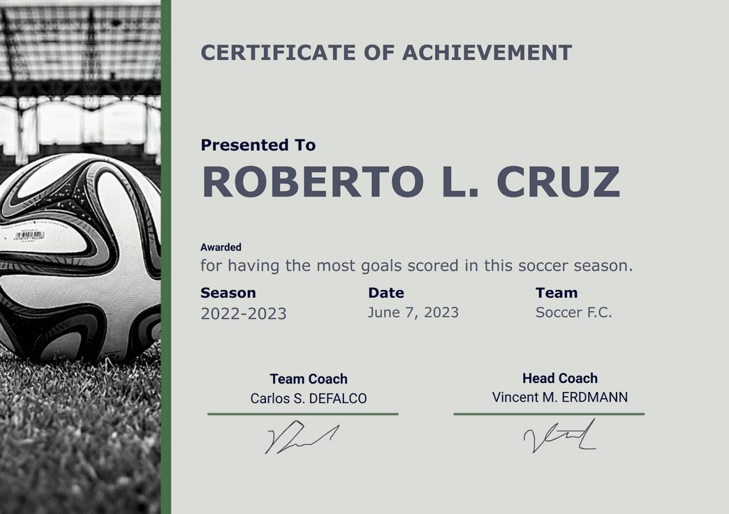 Soccer Certificate PDF Template | Jotform