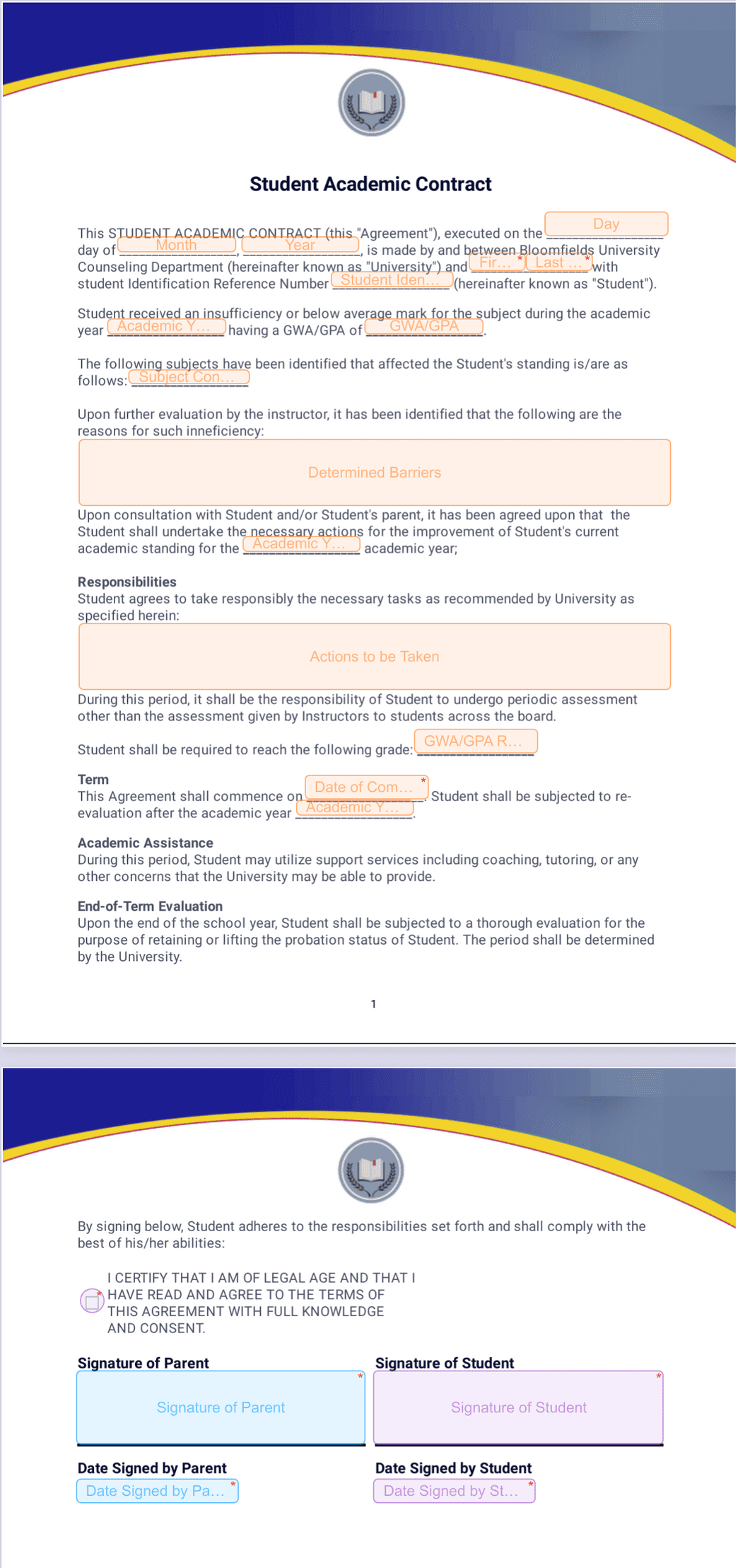 Student Academic Contract PDF Template | Jotform
