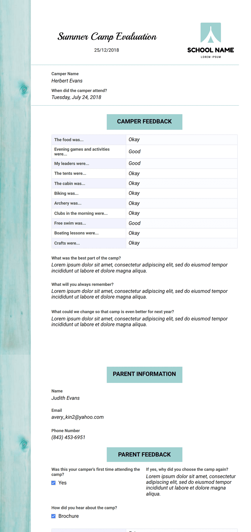 Summer Camp Evaluation Template - PDF Templates | Jotform