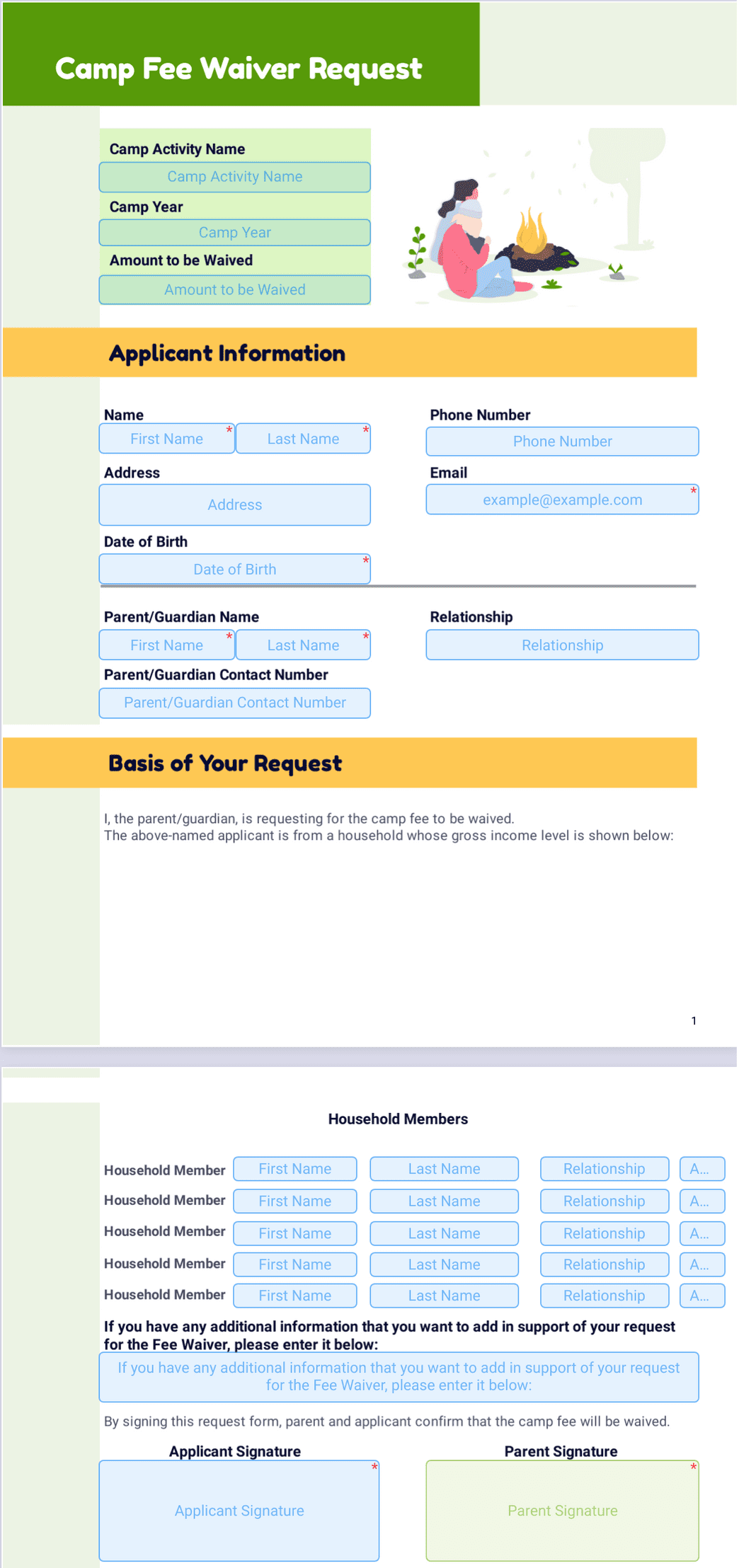 Summer Camp Fee Waiver Template - PDF Templates | Jotform