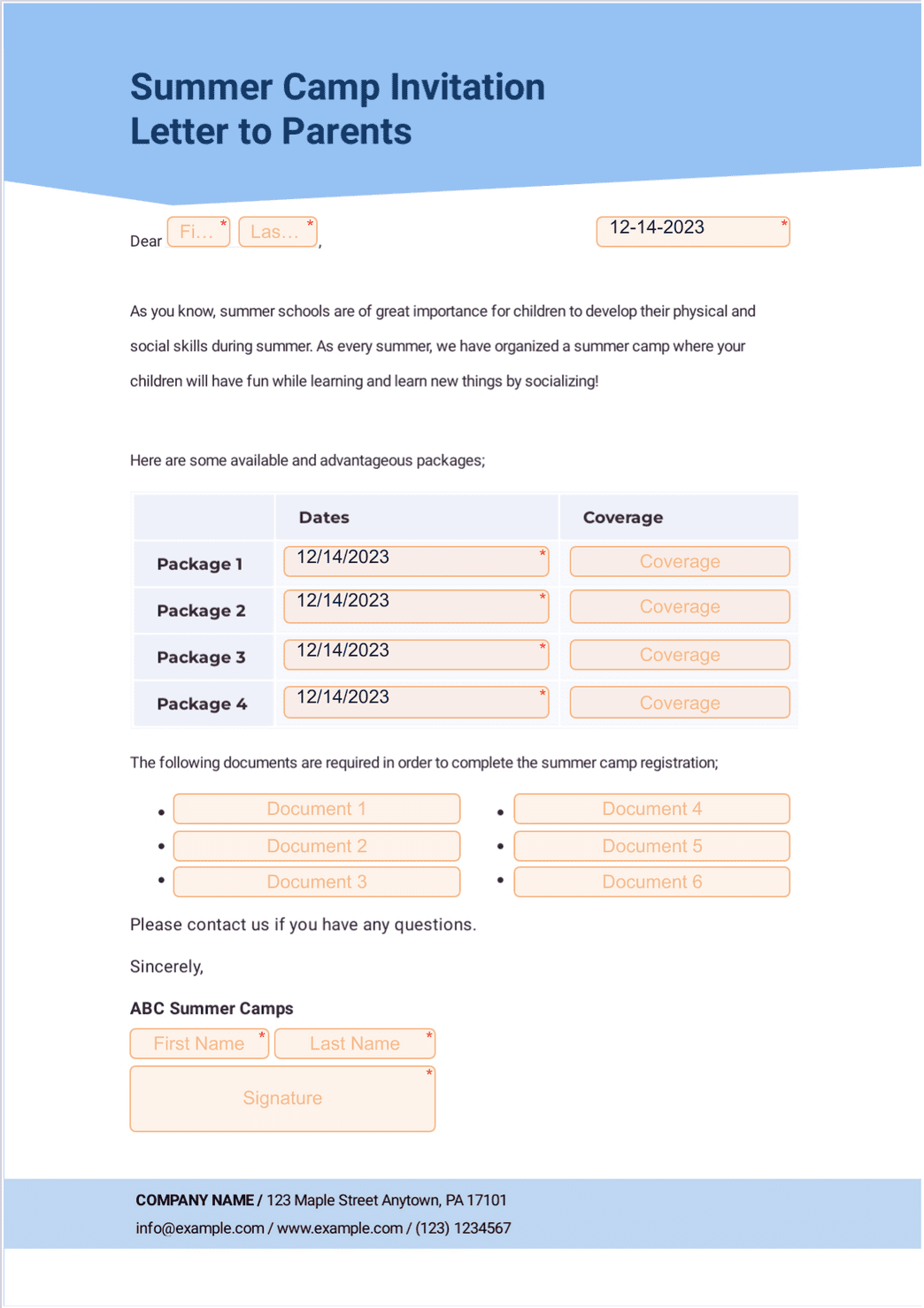 Summer Camp Letter to Parents Template - PDF Templates | Jotform