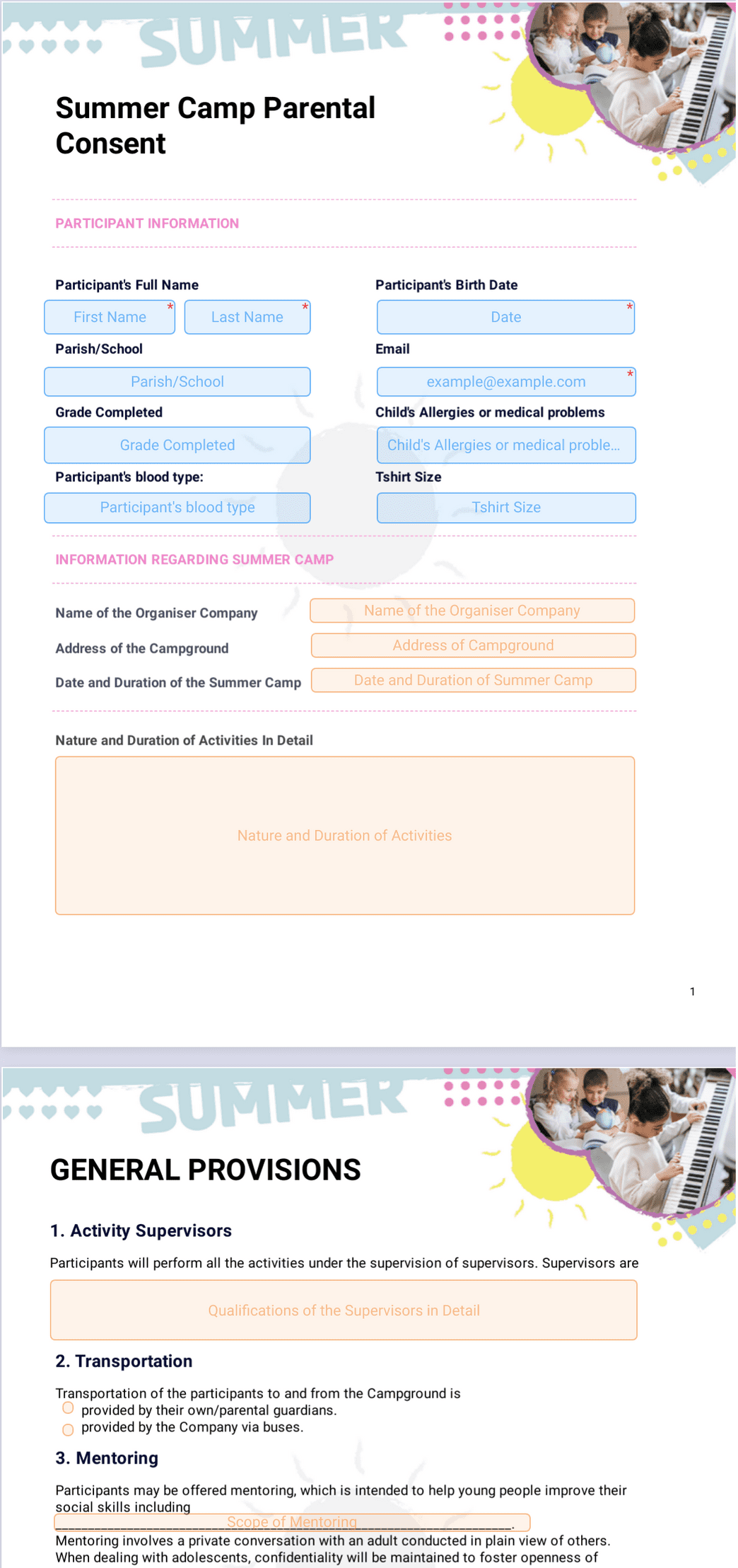 Summer Camp Parental Consent - PDF Templates | Jotform