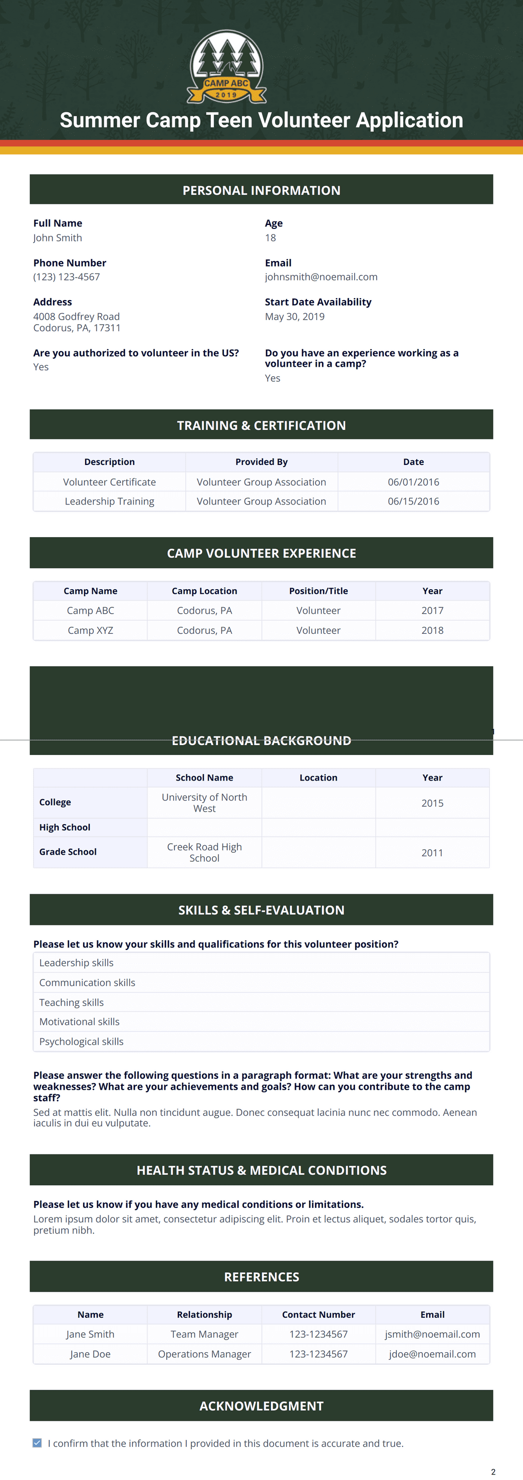 Summer Camp Teen Volunteer Application Template - PDF Templates | Jotform