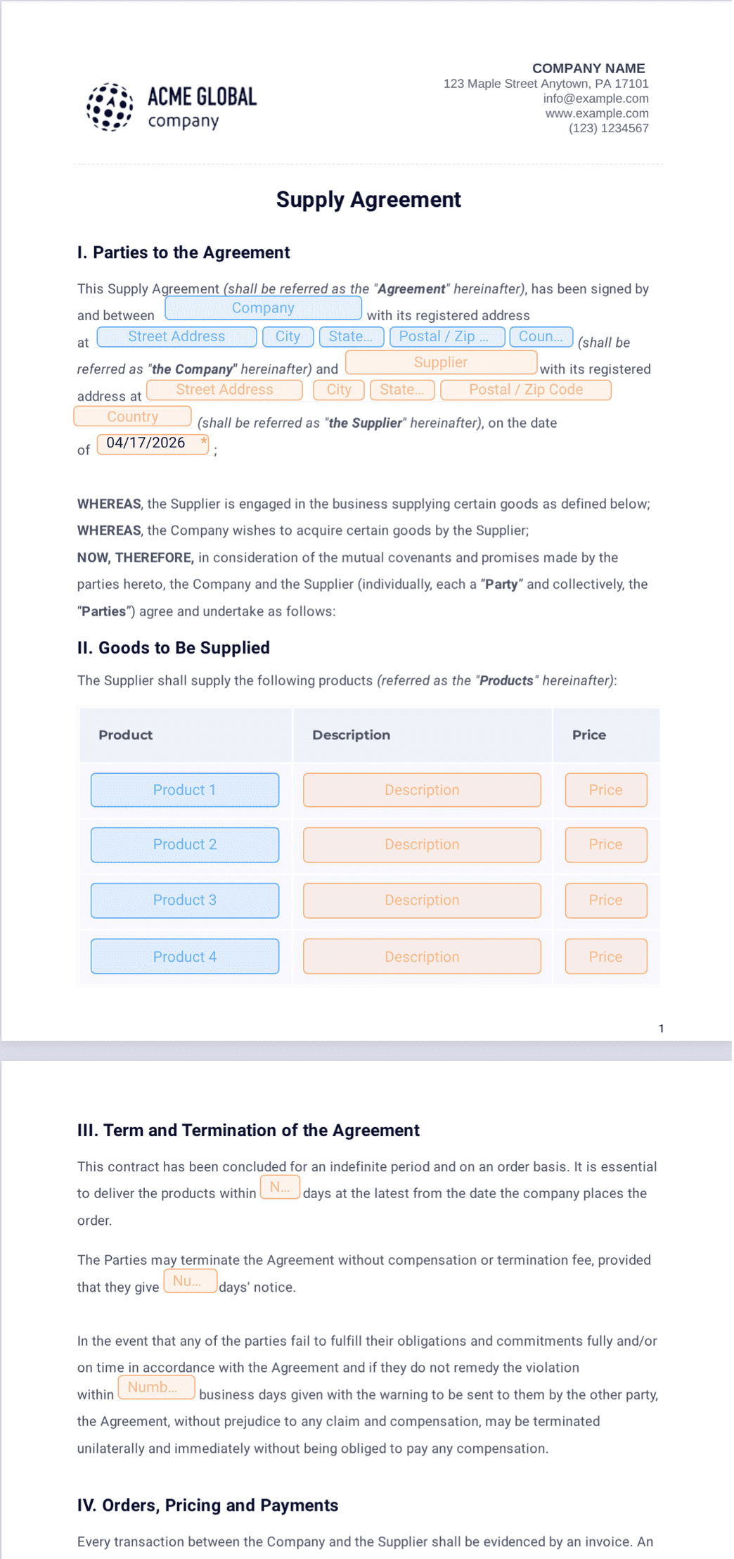 Supply Agreement PDF Template | Jotform