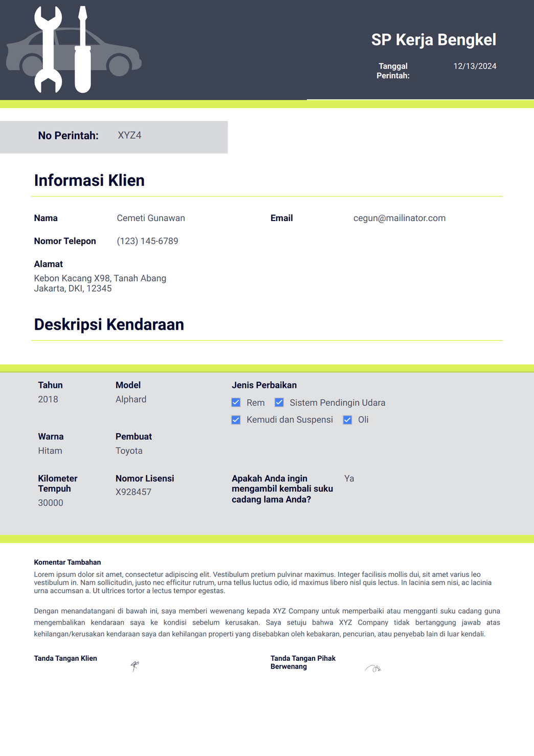 Surat Perintah Kerja Bengkel Otomotif - Templat PDF | Jotform