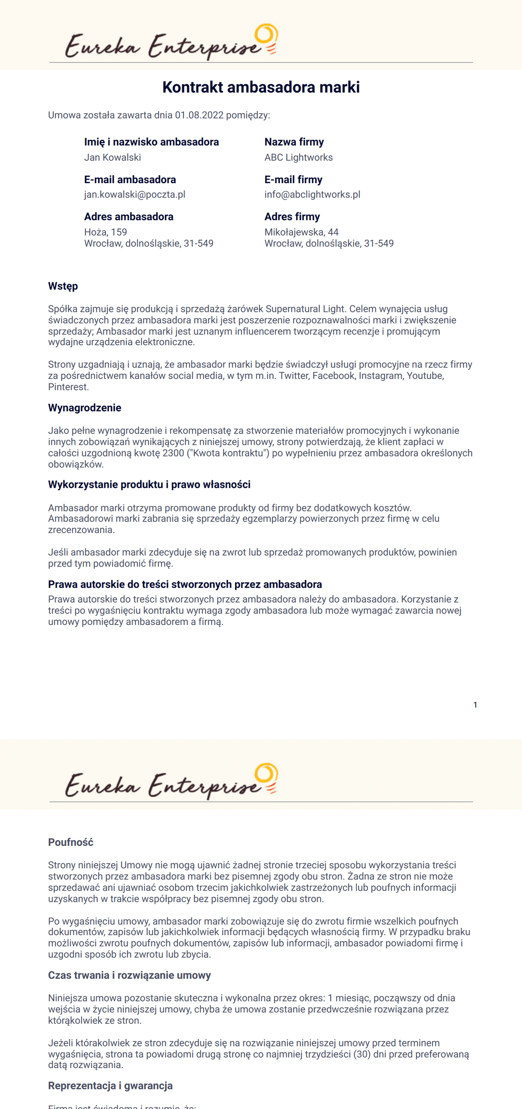 Szablon Kontraktu Ambasadora Marki - Szablony PDF | Jotform