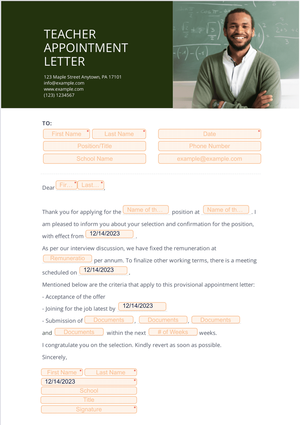 Teacher Appointment Letter PDF Template | Jotform