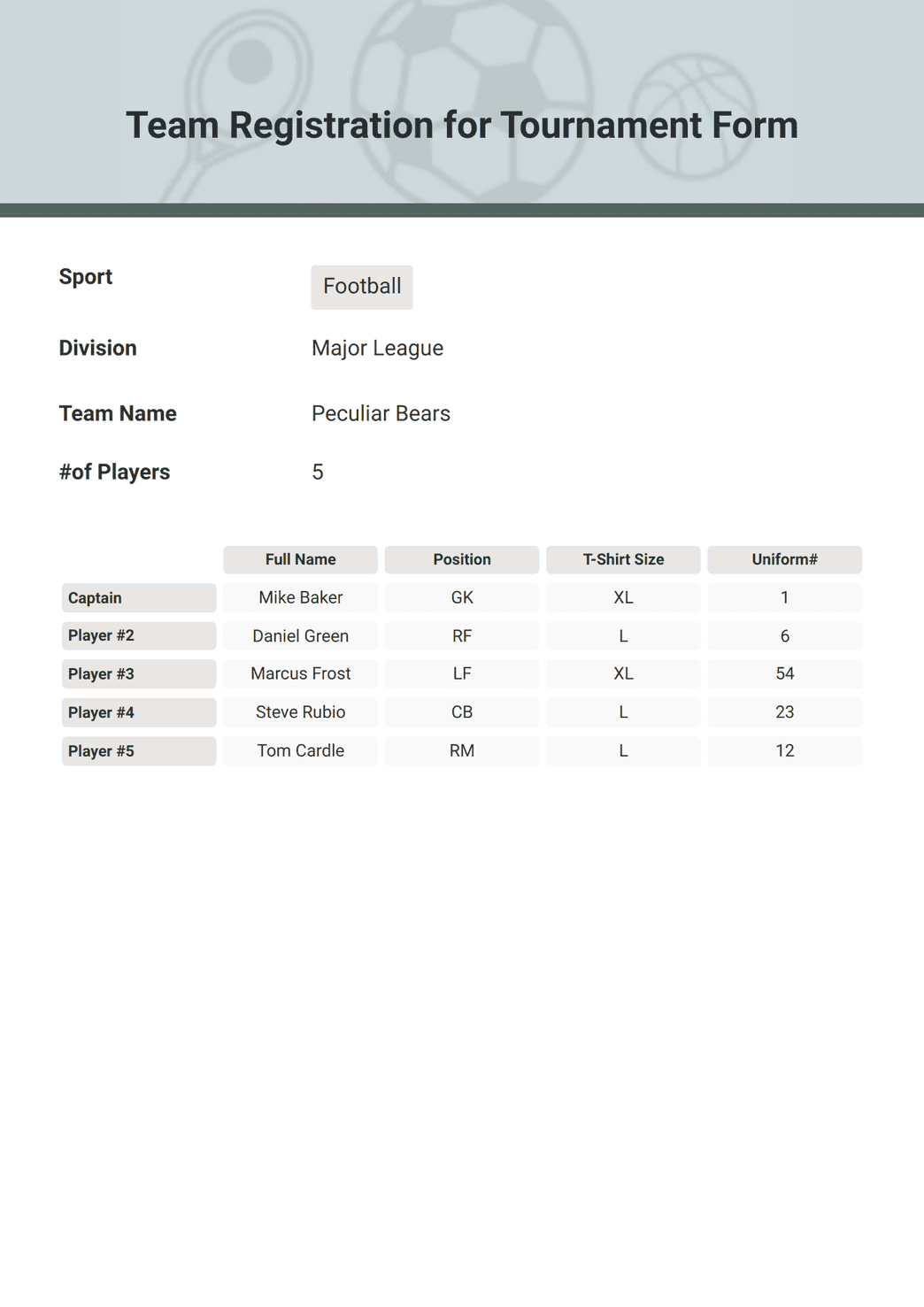 Team Registration for Tournament Form PDF Template | Jotform