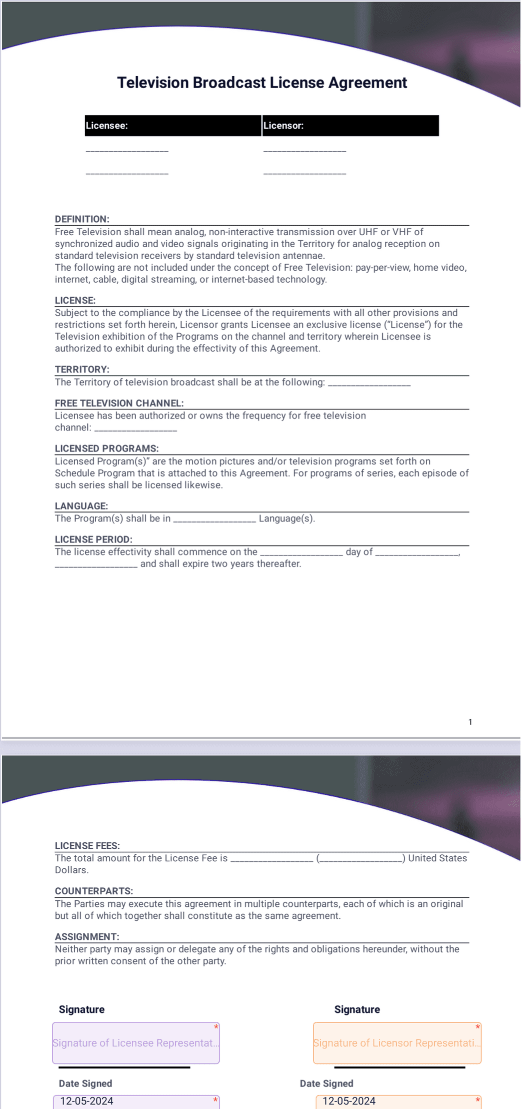 Television Broadcast License Agreement PDF Template | Jotform
