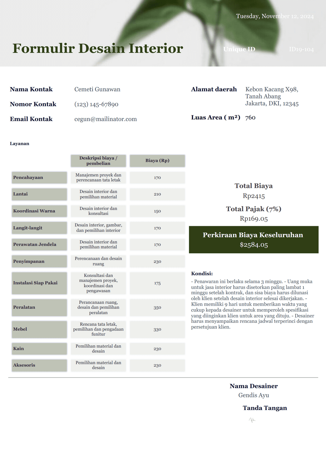 Templat Estimasi Biaya Desain Interior - Templat PDF | Jotform