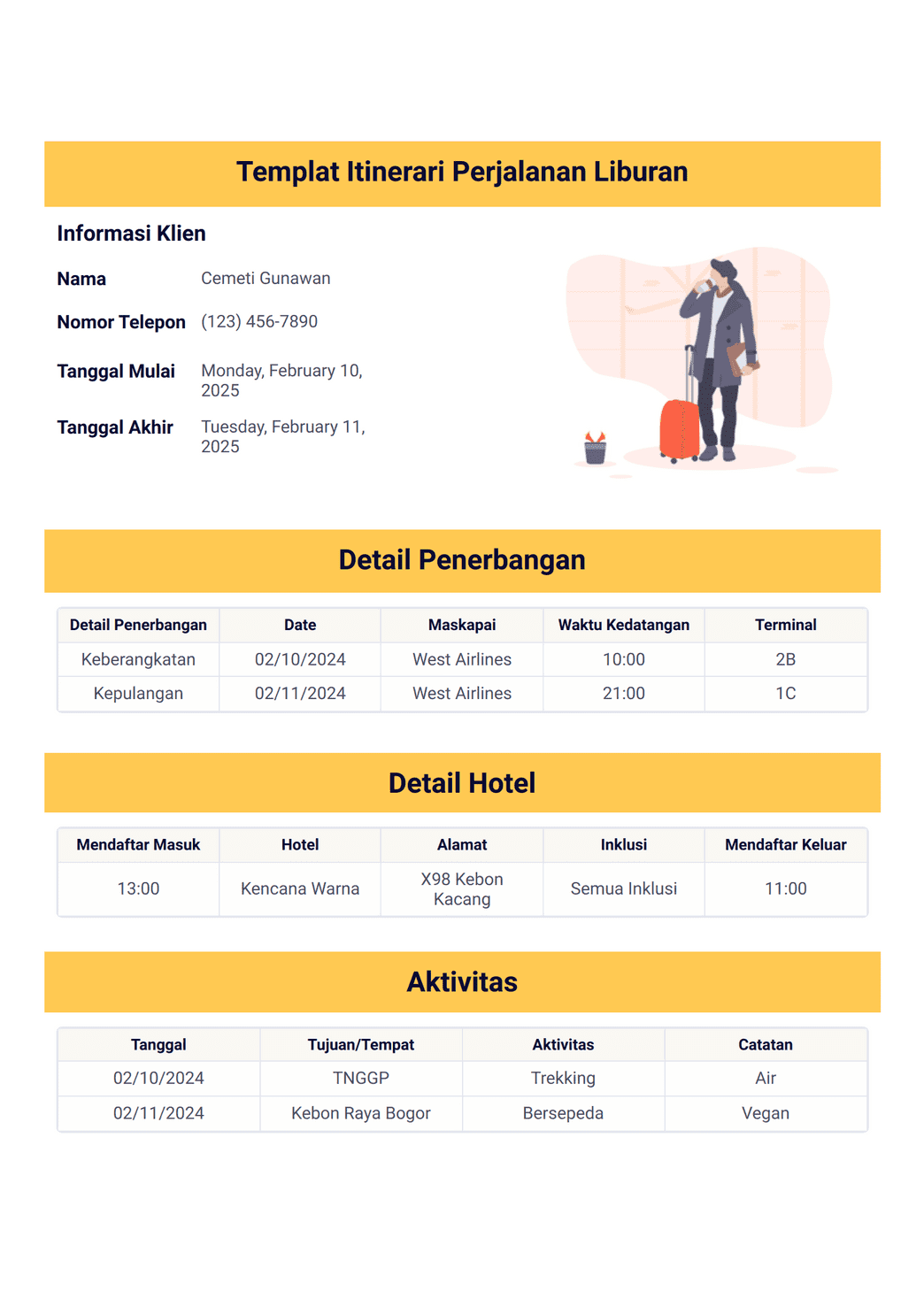 Templat Itinerari Perjalanan Liburan - Templat PDF | Jotform