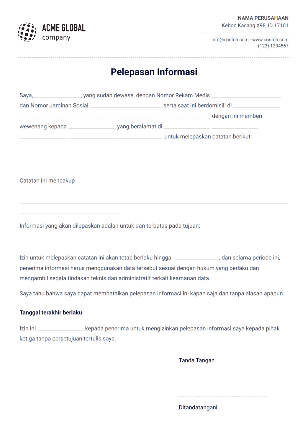 Templat Pelepasan Informasi - Templat PDF | Jotform
