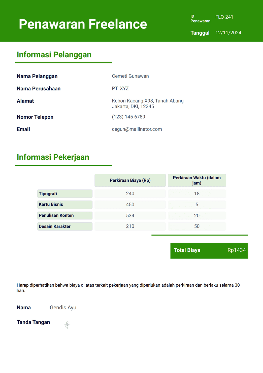 Templat Penawaran Freelance - Templat PDF | Jotform