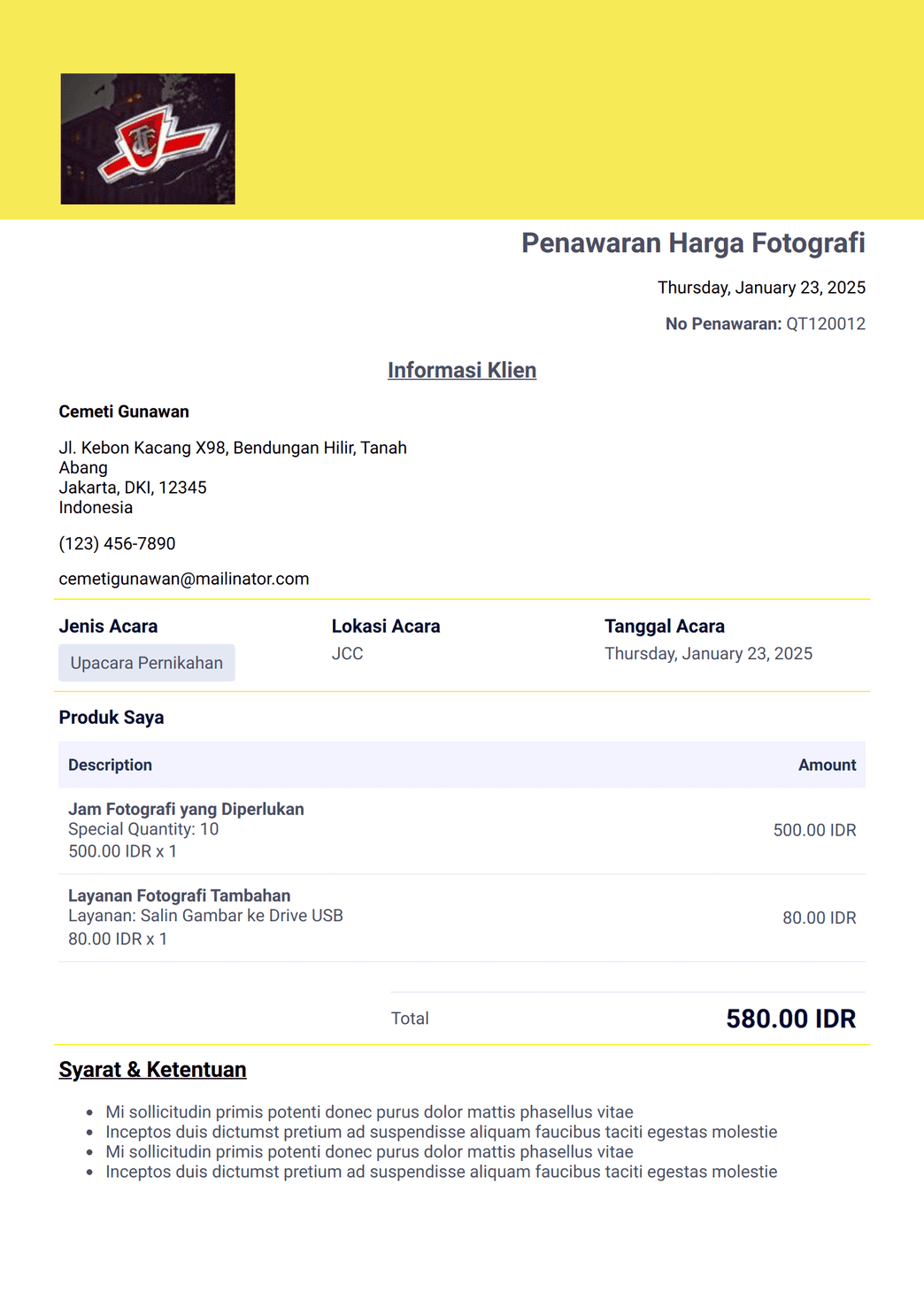 Templat Penawaran Harga Fotografi - Templat PDF | Jotform