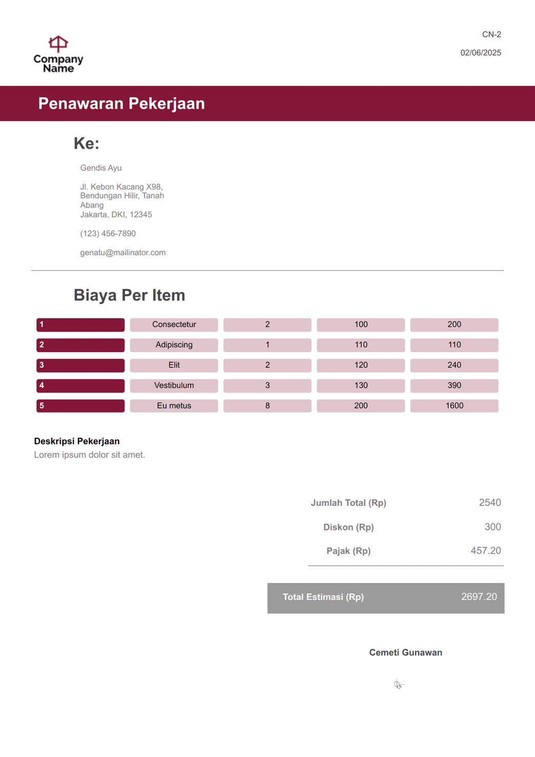 Templat Penawaran Pekerjaan - Templat PDF | Jotform
